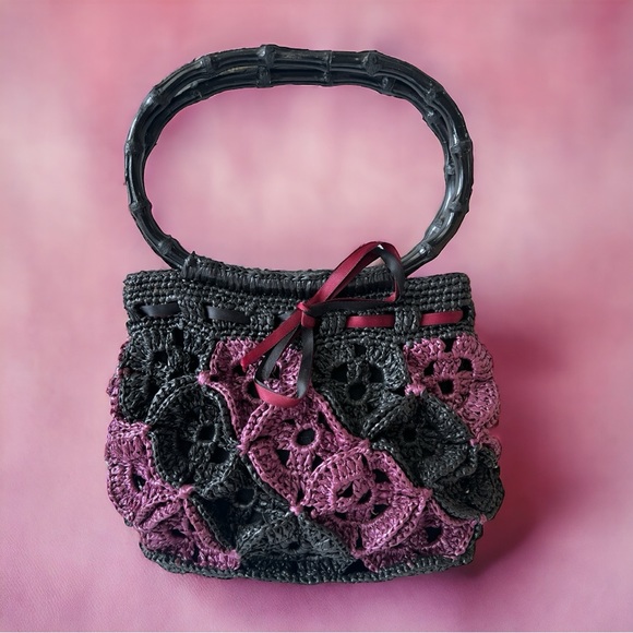 Vintage | Bags | Vintage Purple Black Raffia 3d Crocheted Handbag With ...